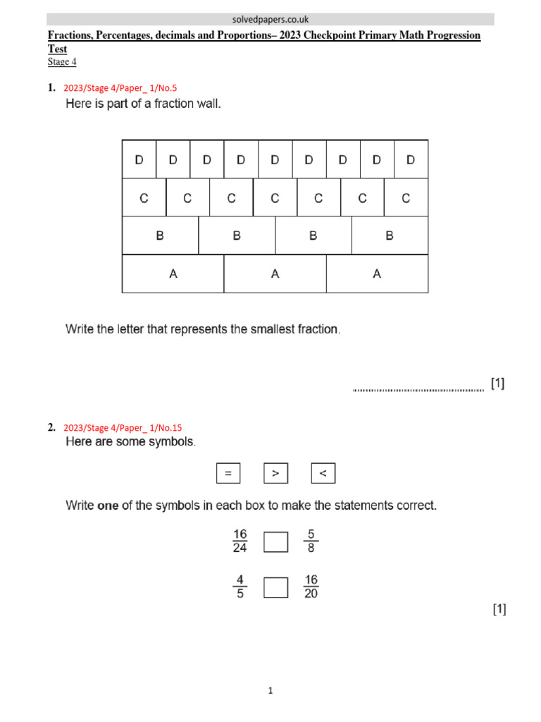 2023 Fractions Percentages Decimals and Proportions Checkpoint Primary Math Progression Stage 4 ...