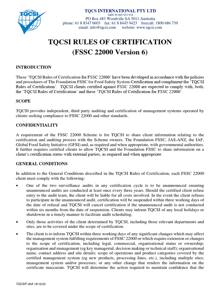 TQCSIF-006A - TQCSI Rules of Certification FSSC V6 | PDF | Audit ...