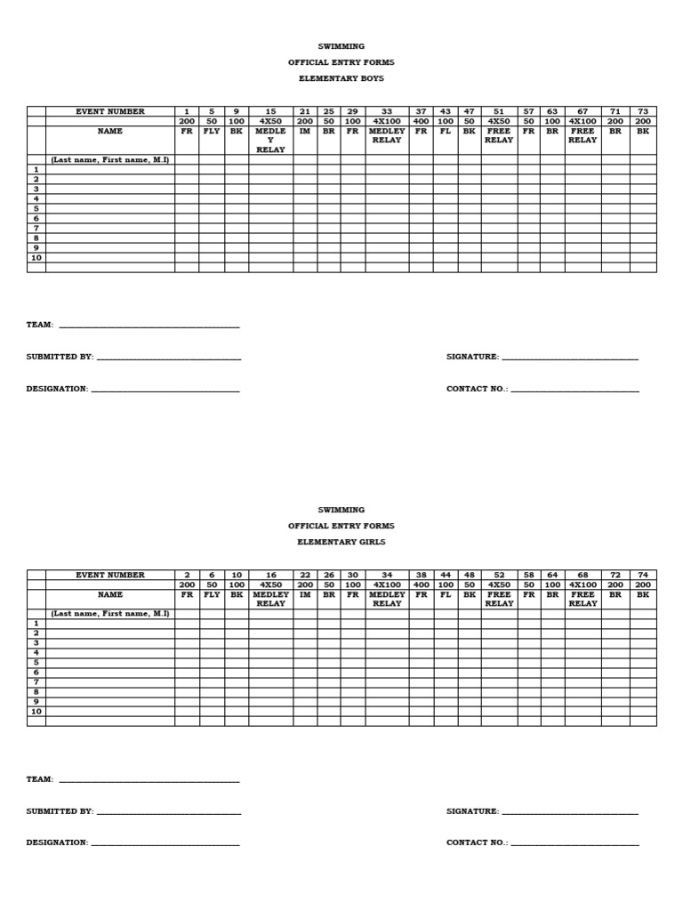 Elementary Swimming Entry Form | PDF | Swimming | Racing