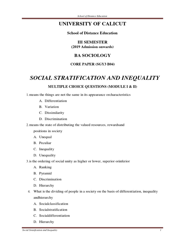 Social Stratification MCQs for Sociology | PDF | Social Stratification ...