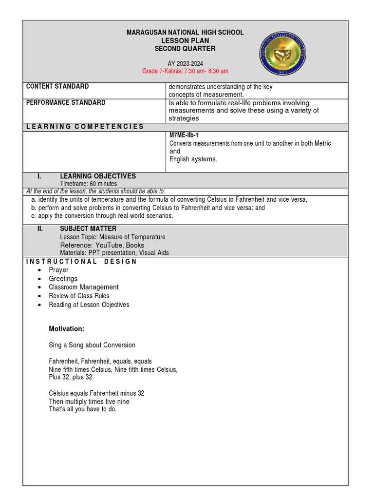 Grade 7 Lesson Plan: Temperature Conversion | PDF | Fahrenheit | Celsius