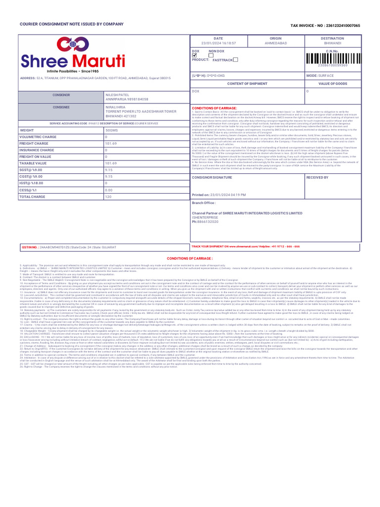 2024 01 23 - 104915797210 Cash Invoice | PDF | Bill Of Lading | Cargo