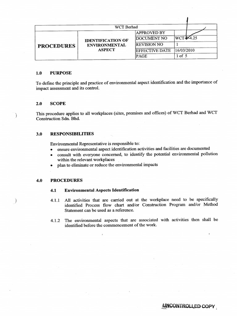 Identification of Environmental Aspect Procedure | PDF