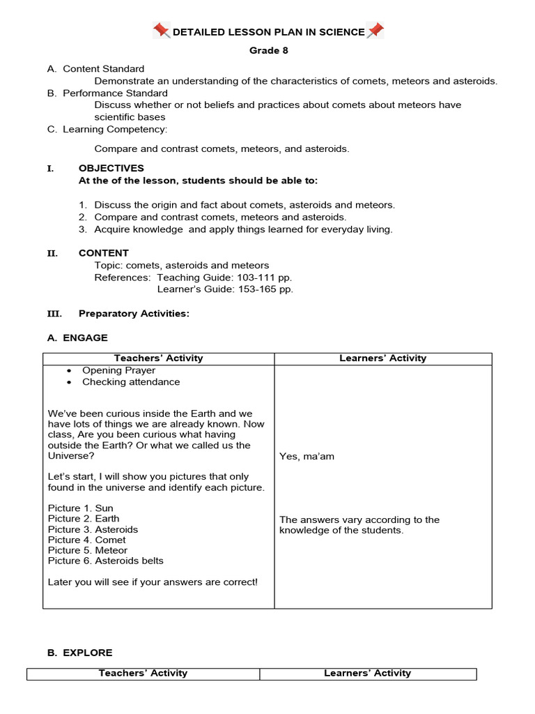 Detailed Lesson Plan in Science Grade 8 | PDF | Meteoroid | Comet