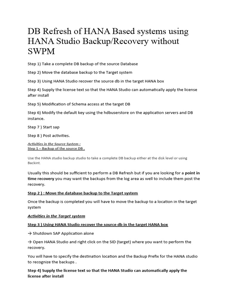 Hana DB Refresh | PDF | Backup | Software Engineering