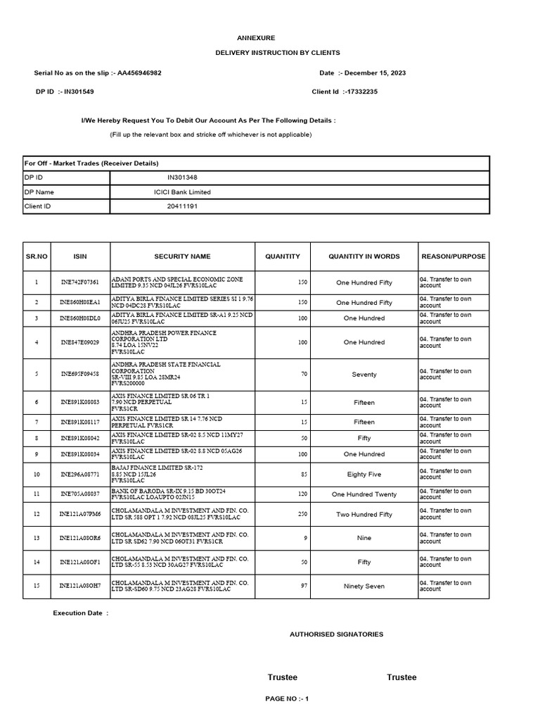 HDFC Delivery Instruction Slip Sample | PDF | Banks | Financial Services