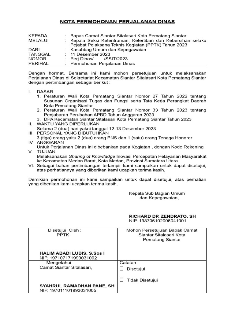 Nota Permohonan Perjalanan Dinas | PDF