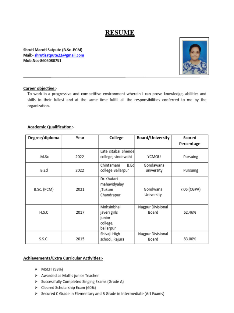 Shruti Resume | PDF | Cognition | Behavior Modification