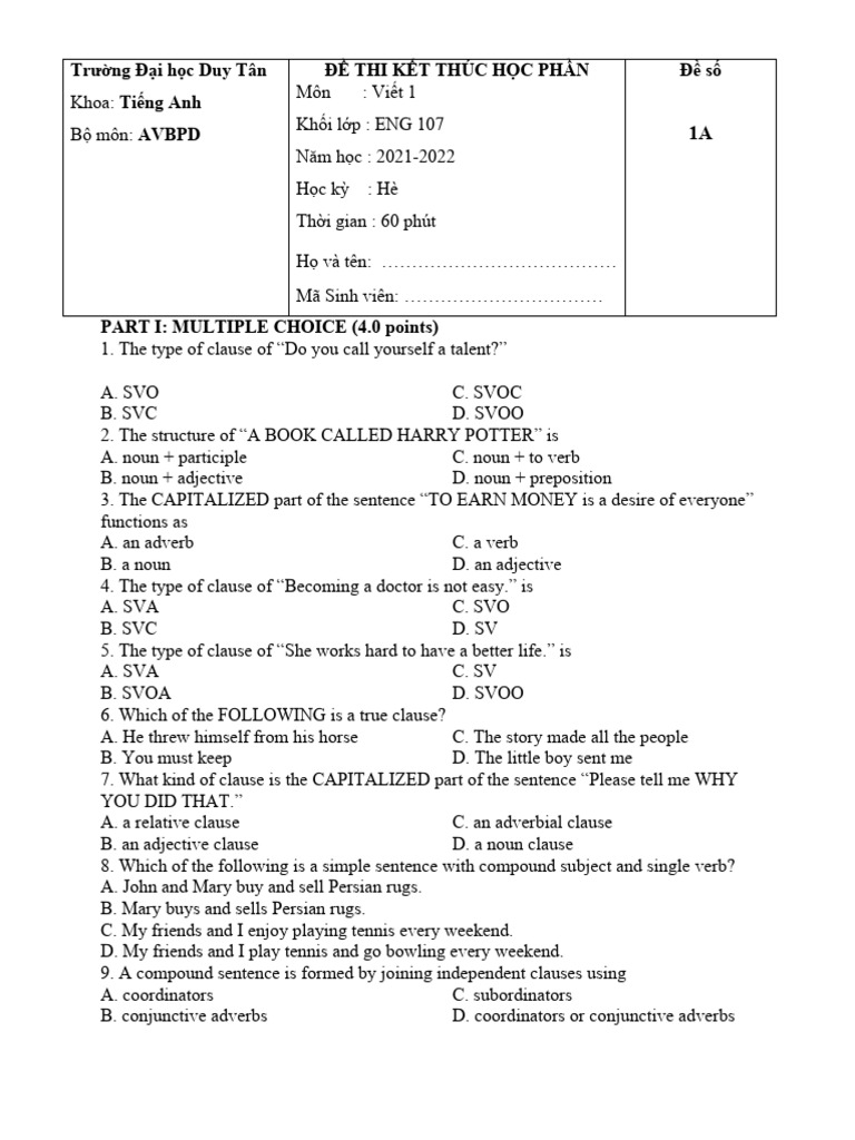 ENG 107- Đề 1A | PDF | Syntax | Grammar