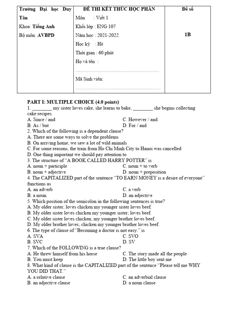 ENG 107- Đề 1B | PDF | Adverb | Grammar