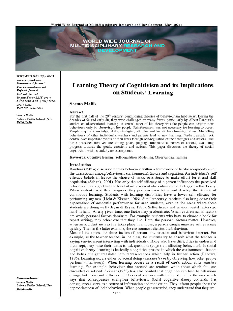 Learning Theory of Cognitivism and Its Implications On Students ...