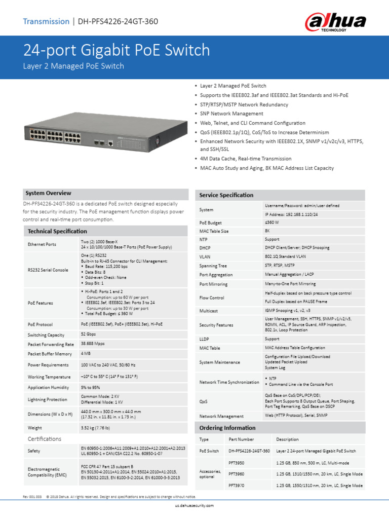 Datasheet Transmission 24 Port Gigabit PoE Managed Switch DH-PFS4226 ...
