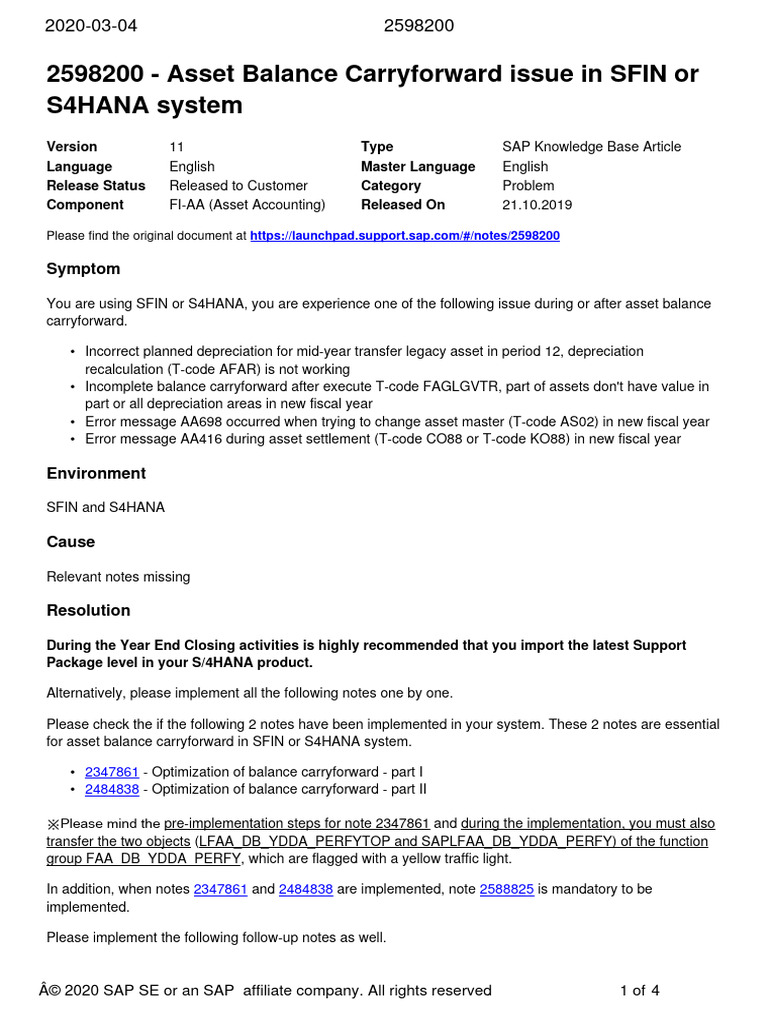 Asset Balance Carryforward Issue in SFIN or S4HANA System | PDF ...