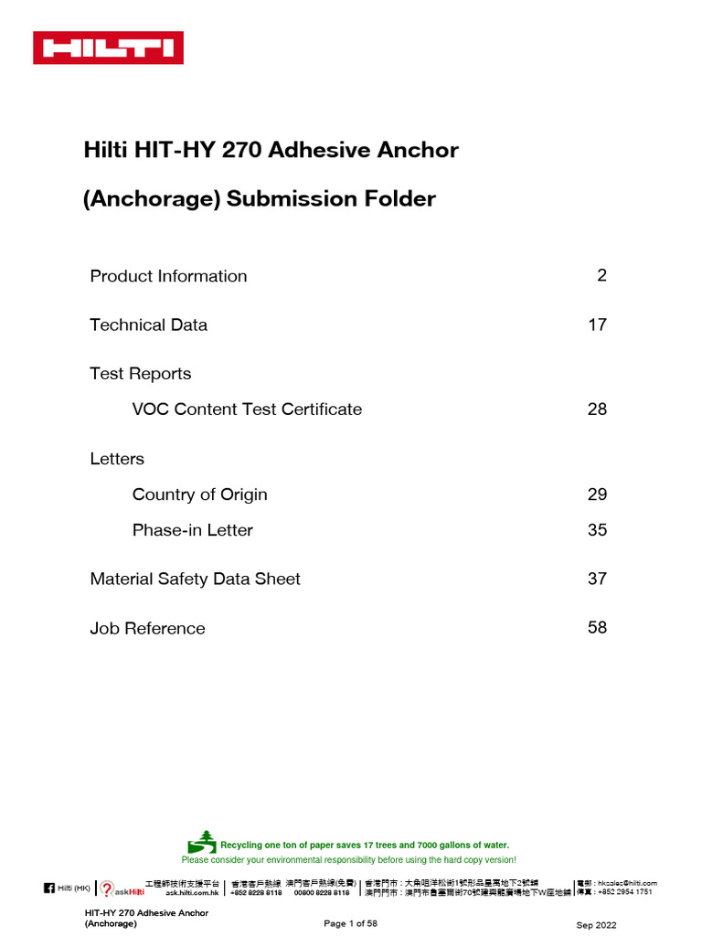 Hilti HIT-HY 270 Adhesive Anchor Guide | PDF | Masonry | Stainless Steel