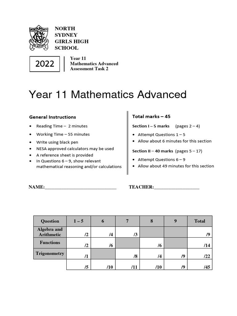 NSGHS 2022 Yr 11 MA T2 | PDF