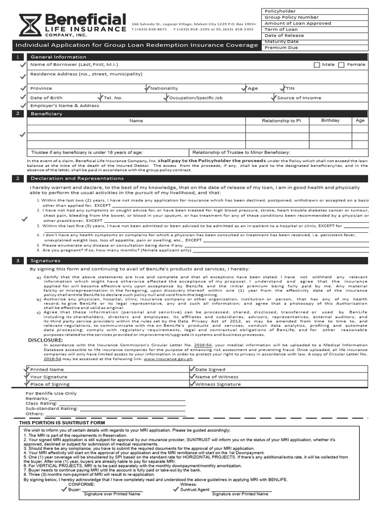 MRI - Application For Group Loan Redemption Insurance Plan - Suntrust ...