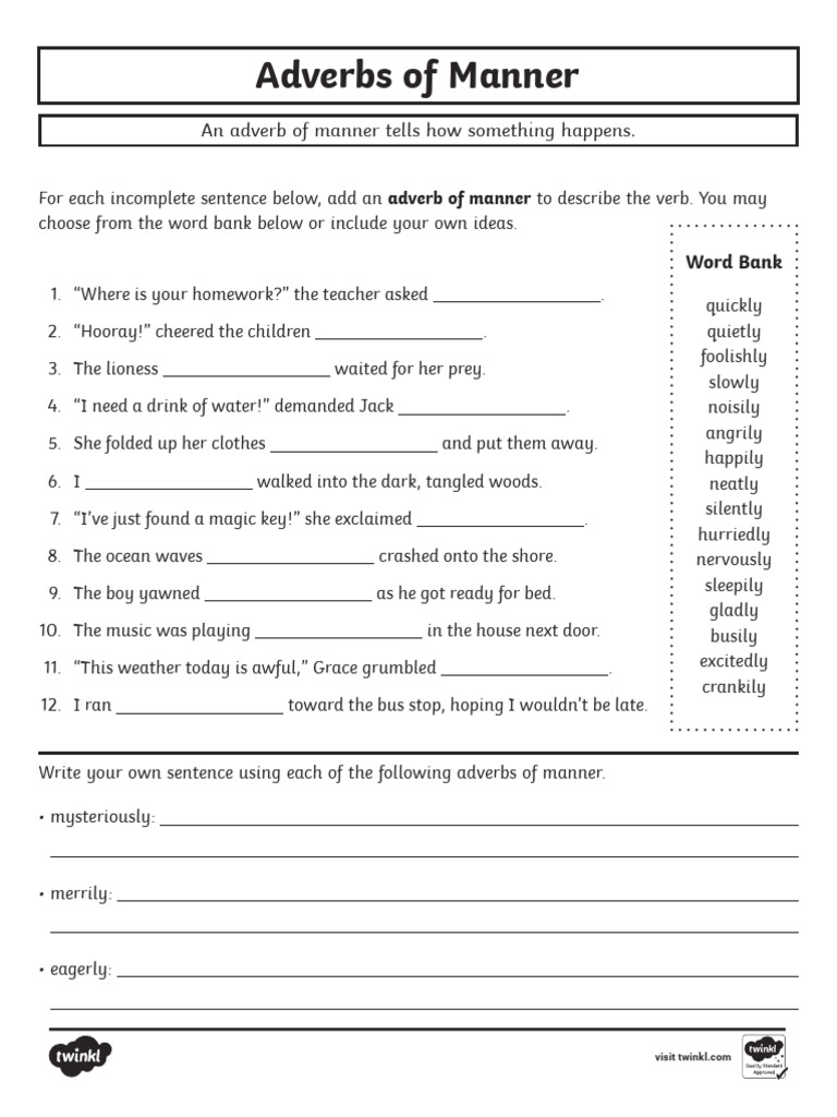 Adverbs of Manner Worksheet | PDF