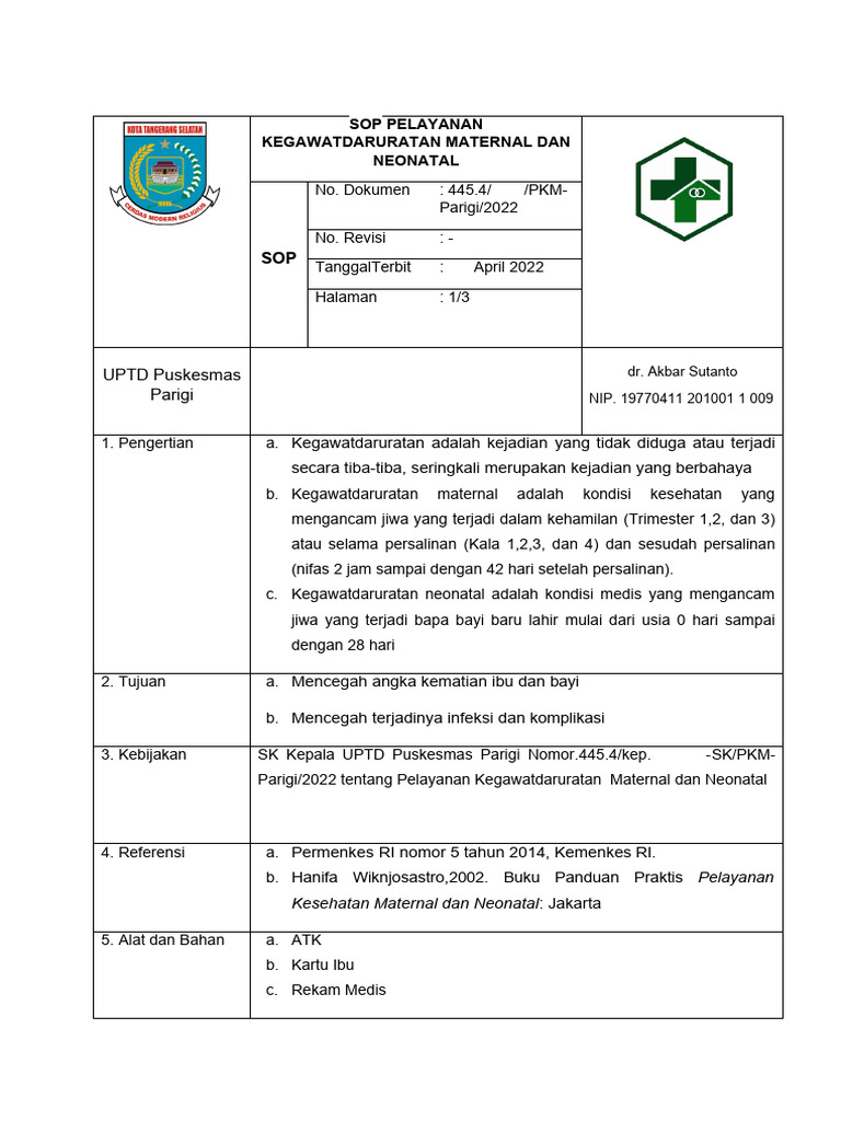 4.2.1.c.2 SOP Pelayanan GADAR Maternal & Neonatal (OKE) | PDF