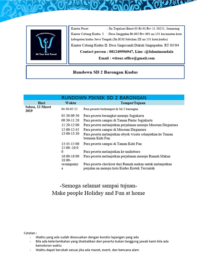 Rundown Piknik SD 2 Barongan | PDF