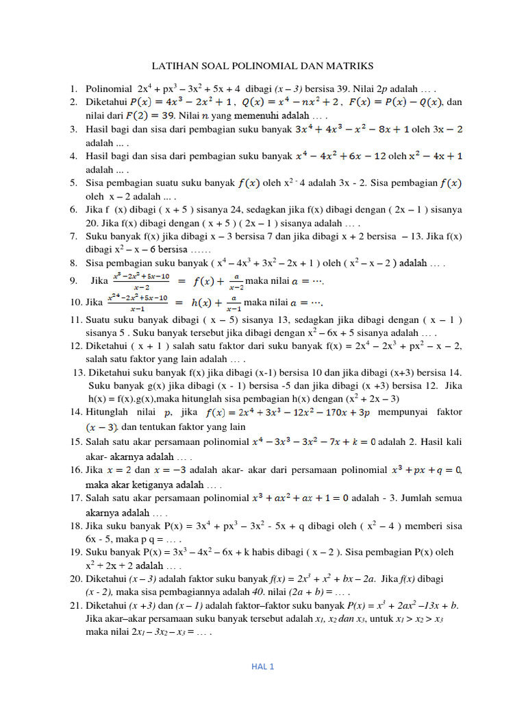 Latihan Soal Matriks Dan Polinomial Mat Lanjut Kelas Xi | PDF