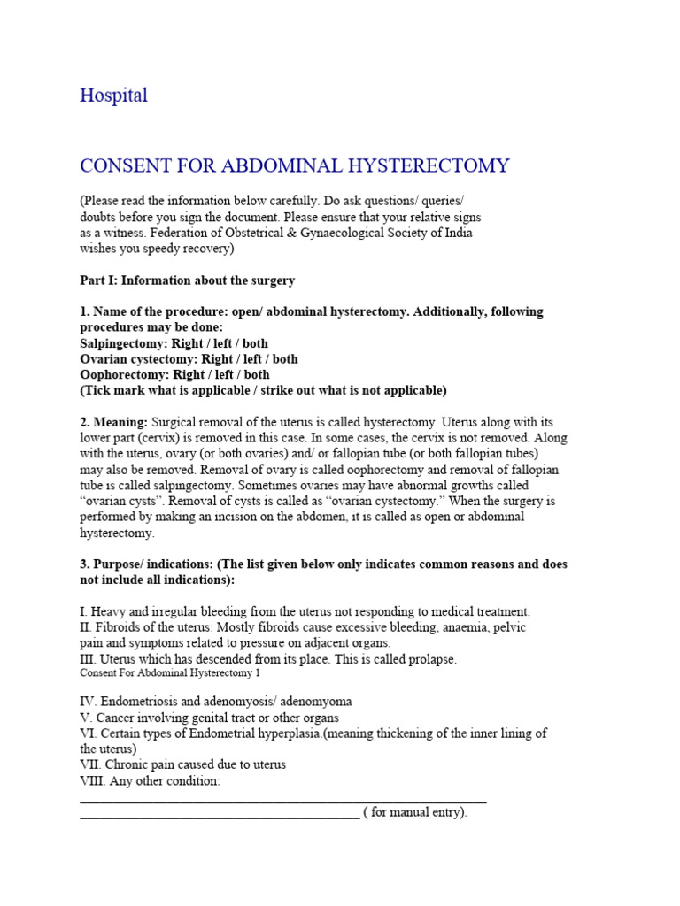 Abdominal Hysterectomy Consent English | PDF | Ovarian Cancer | Surgery