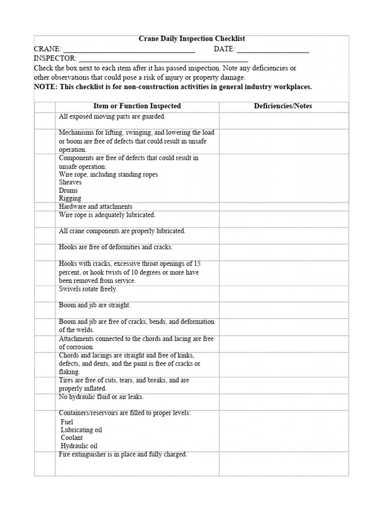 Crane Daily Inspection Checklist | PDF | Crane (Machine) | Machines