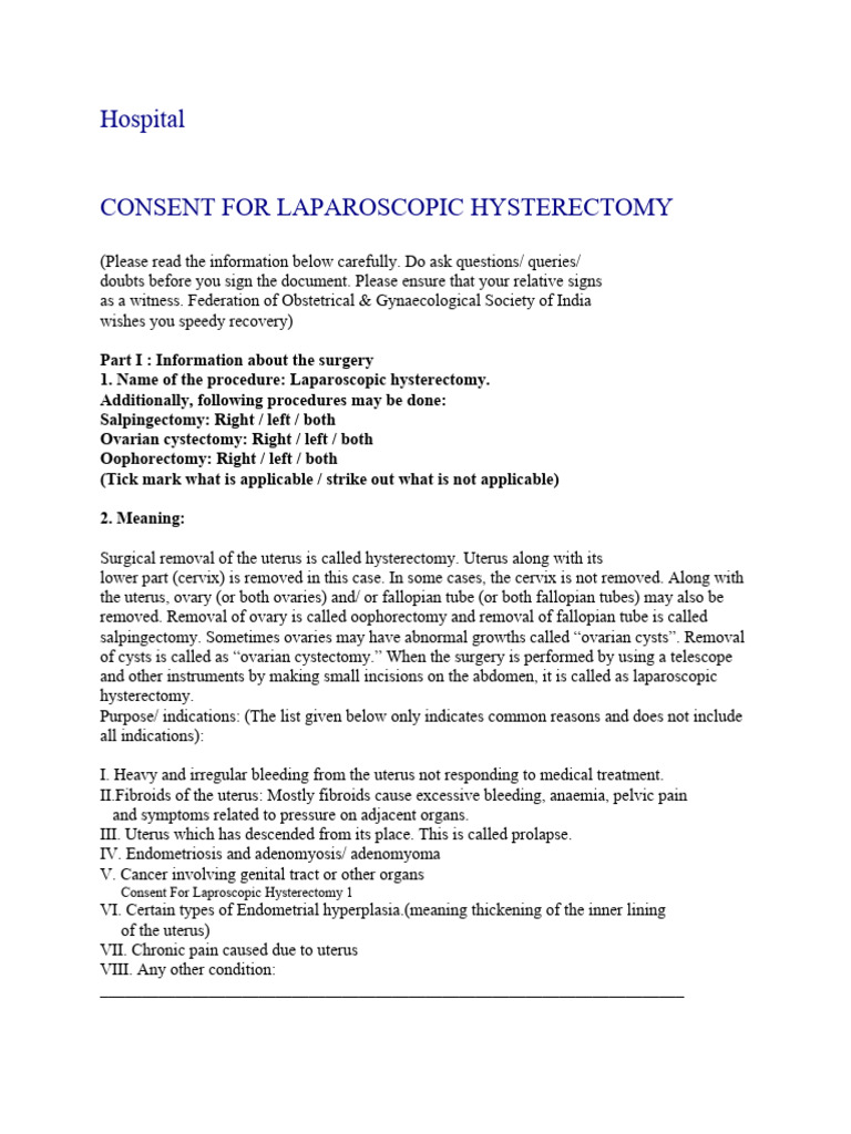 Consent For Laparoscopic Hysterectomy English | PDF | Ovarian Cancer ...