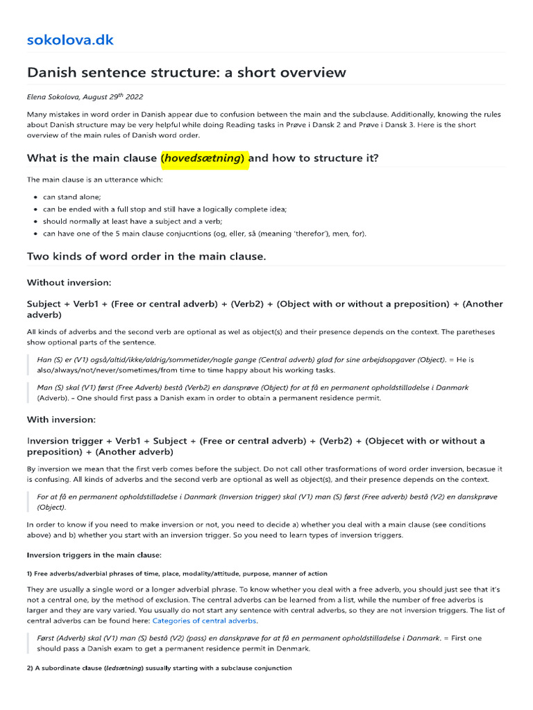 Danish Sentence Structure - A Short Overview - Sokolova - DK | PDF