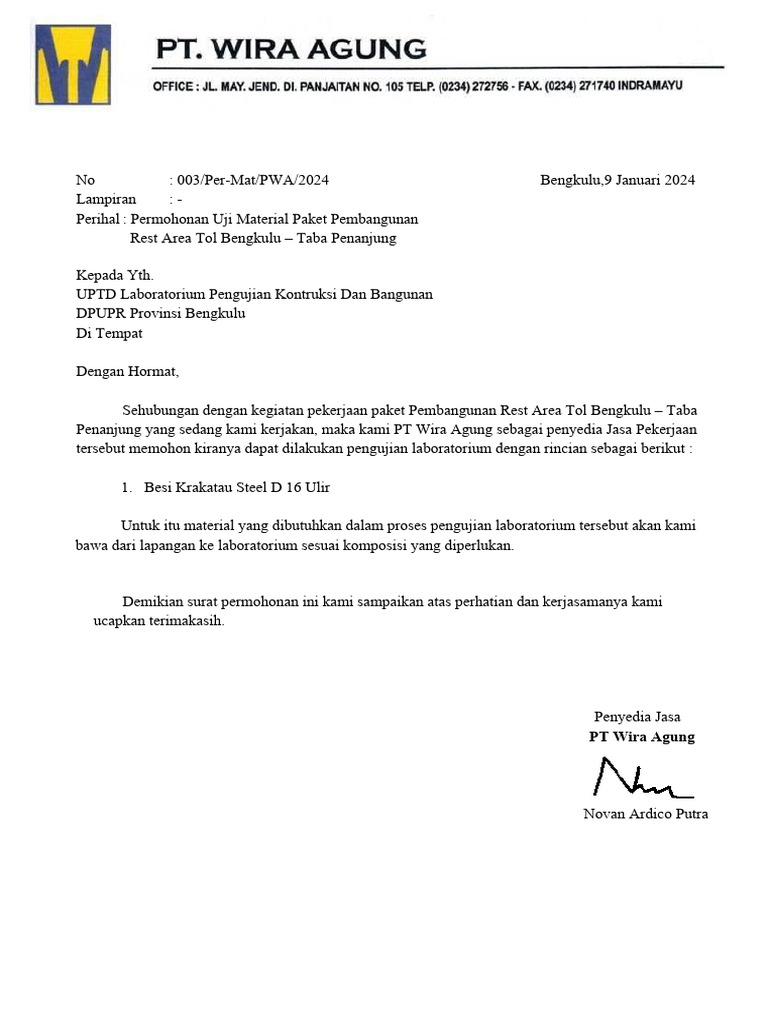 Surat Permohonan Besi KS Pt. Wira Agung | PDF
