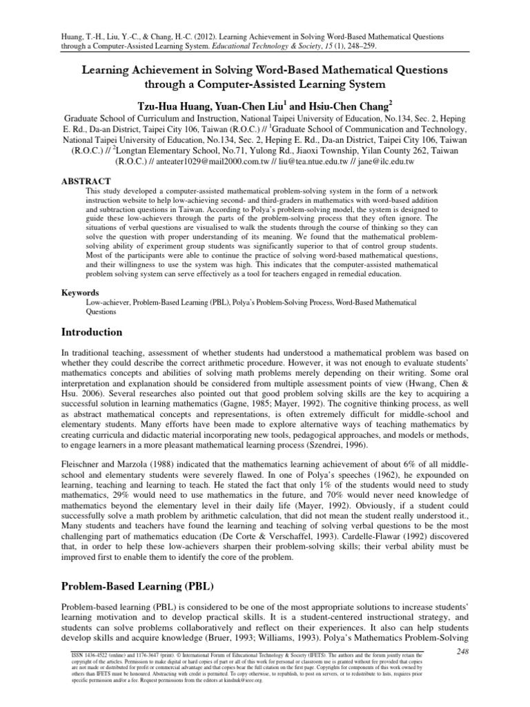 Learning Achievement in Solving Word-Based Mathematical Questions Through A Computer-Assisted ...