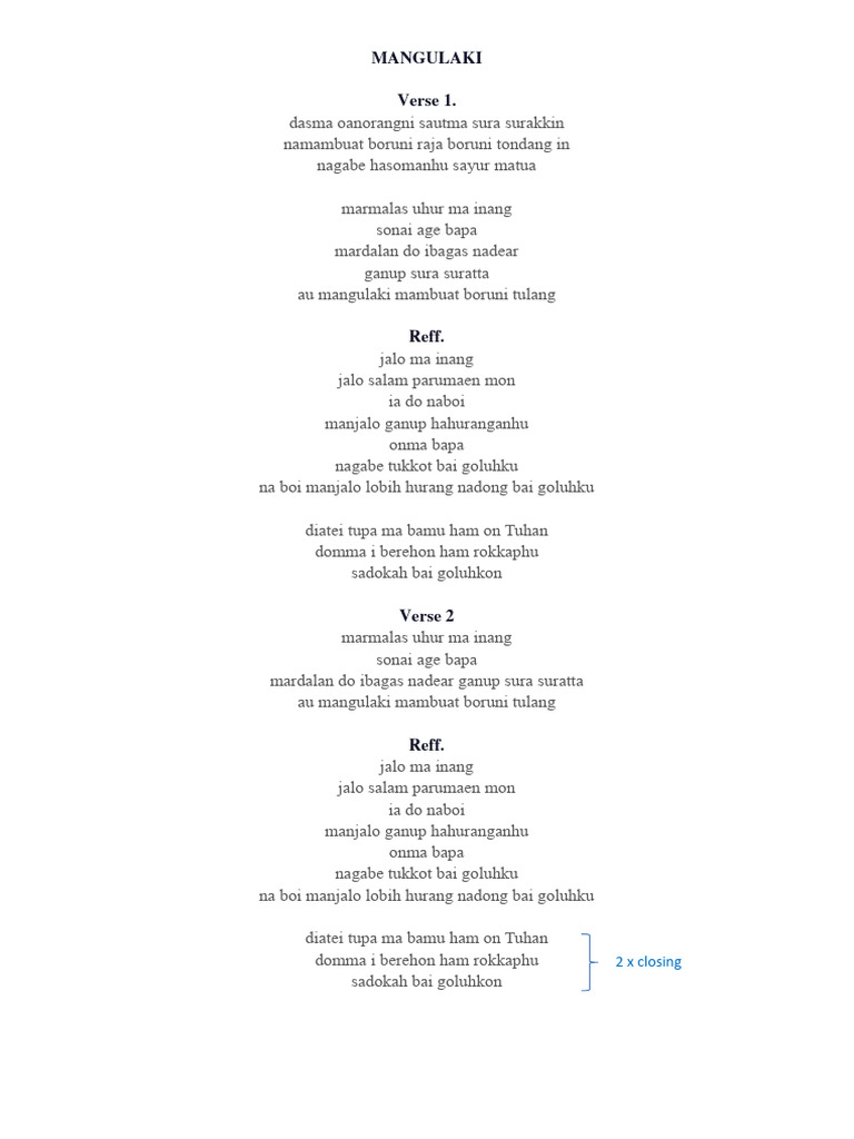 Lirik Lagu Mangulaki dan Ganup | PDF