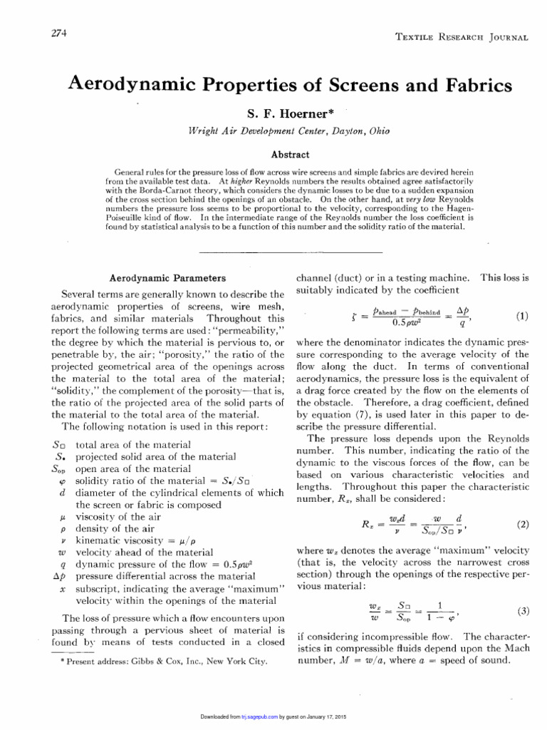 Aerodynamic Properties of Screens and Fabrics Hoerner 1952 | PDF ...