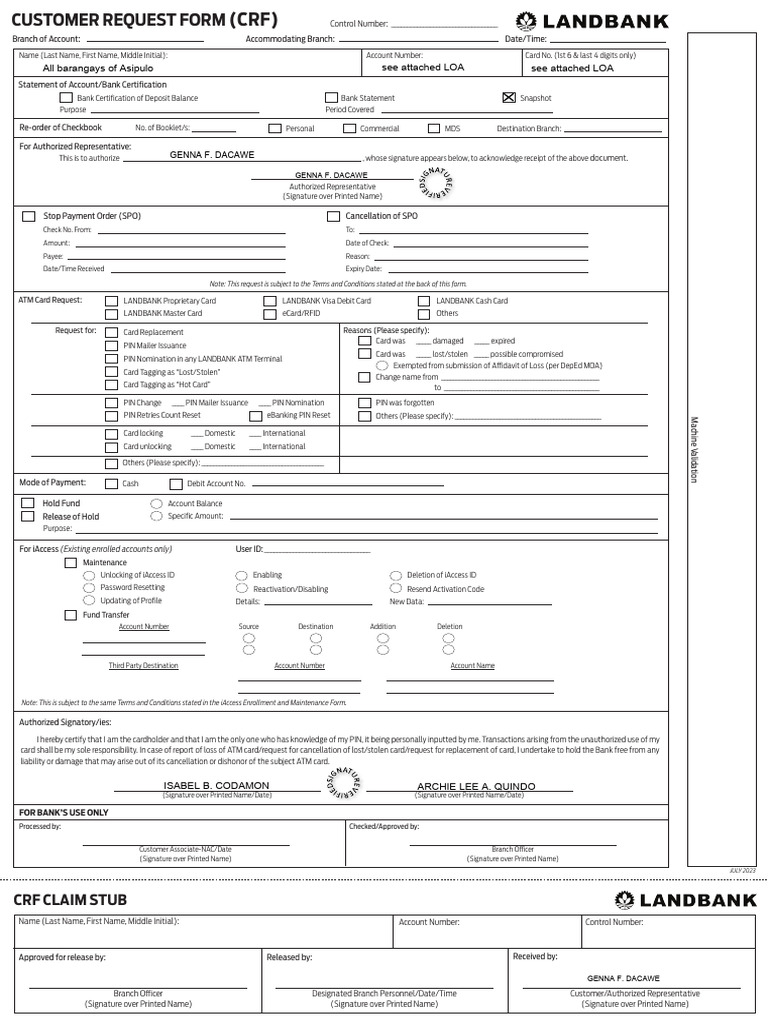Landbank Customer Request Form 2023 | PDF | Cheque | Debit Card