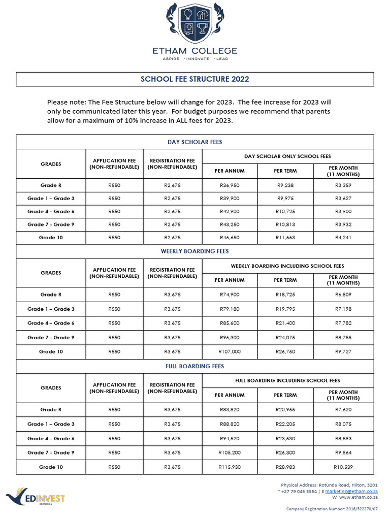 Etham School Fee Structure Annexure 2023 V2 | PDF | Payments | Services ...