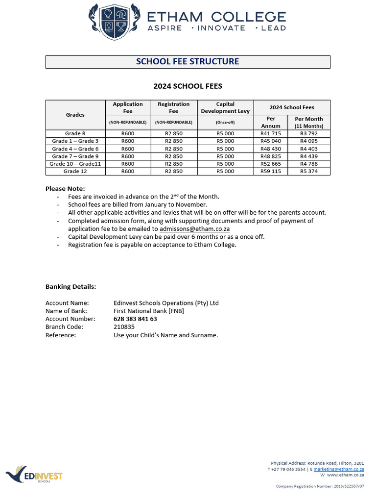 Etham College 2024 Fees Structure | PDF | Money | Payments