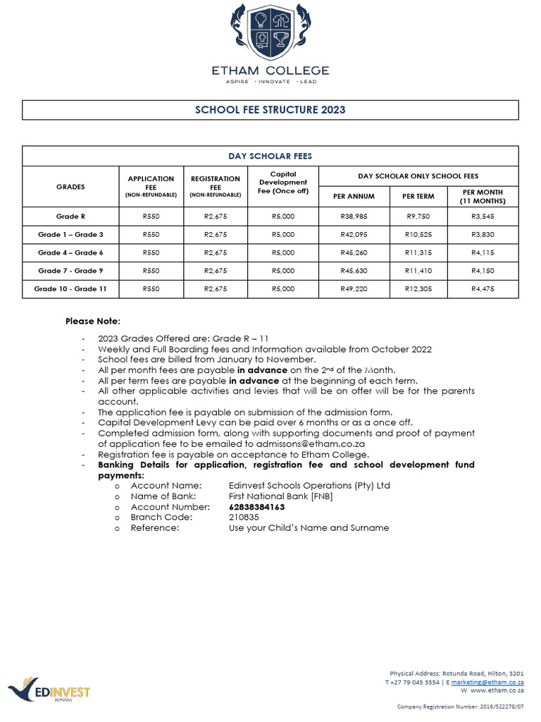 Etham College Fees Structure 2023 | PDF | Money | Payments