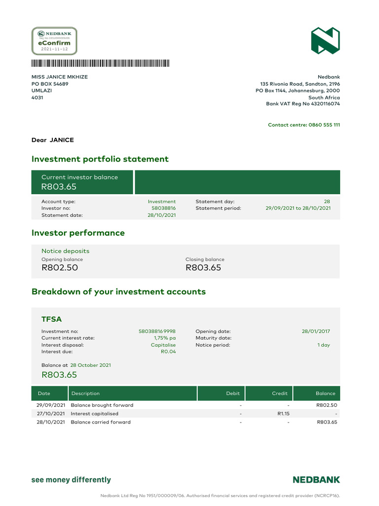 Nedbank Investment Statement - 28 Oct 2021 | PDF | Banks | Investing