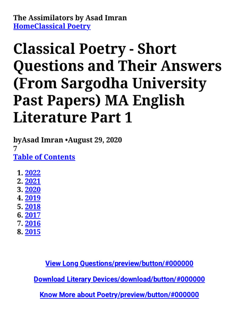 Classical Poetry Questions & Answers | PDF | Poetry | Paradise Lost