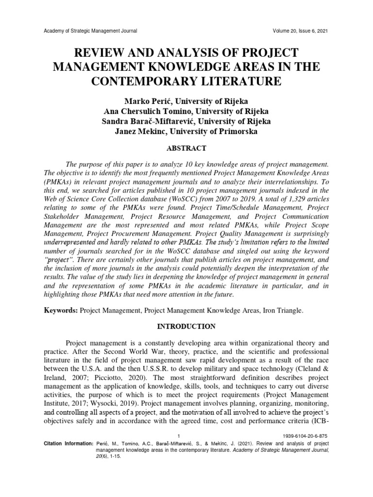 Review and Analysis of Project Management Knowledge Areas in The ...