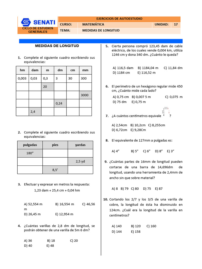 Ejercicios de Medidas de Longitud en Matemáticas | PDF | Ciencia y ...