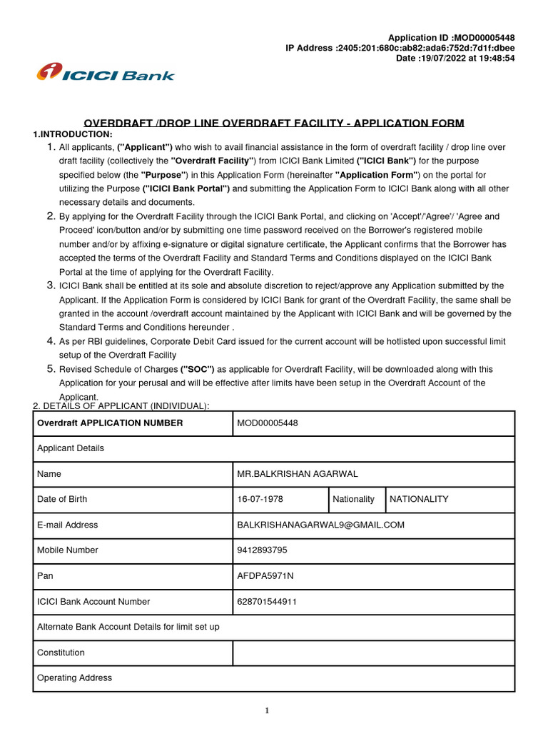ICICI Bank Overdraft Facility Application | PDF | Overdraft | Banks