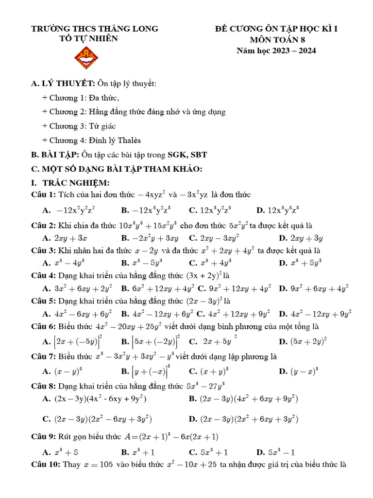 De Cuong Hoc Ki 1 Toan 8 Nam 2023 2024 Truong Thcs Thang Long Ha Noi | PDF