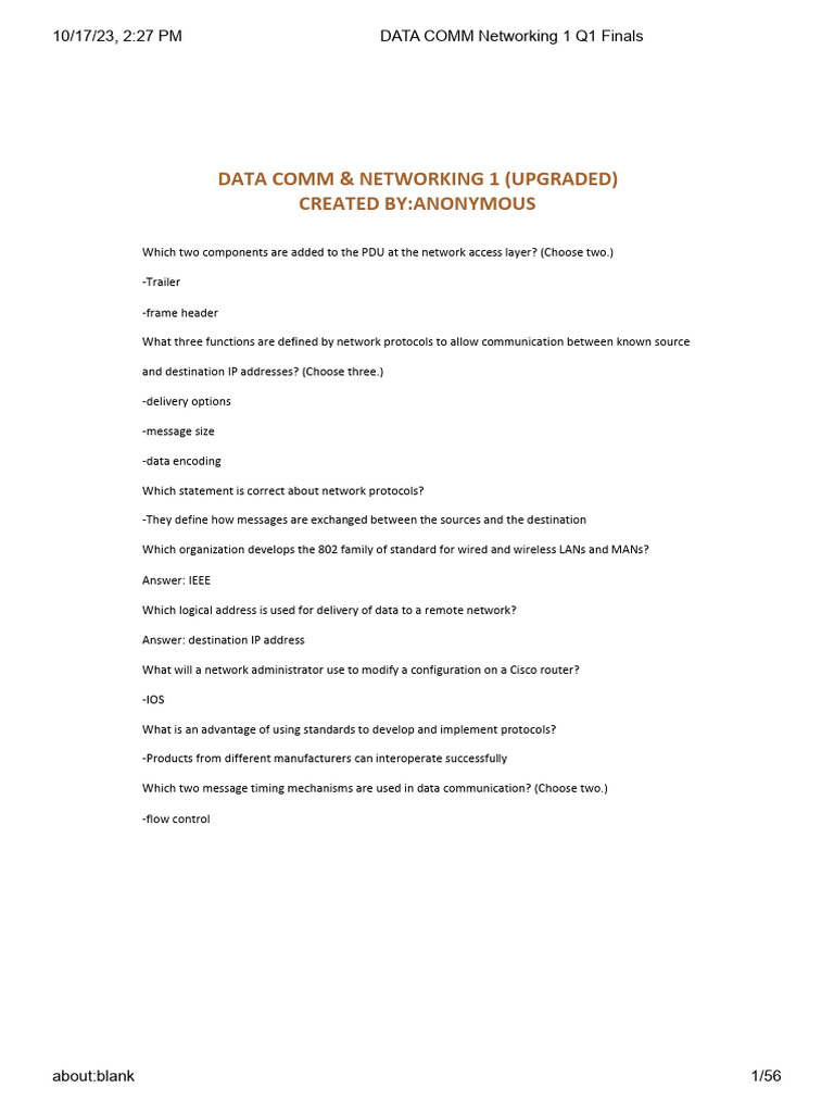 DATA COMM Networking 1 Q1 Finals | PDF | Computer Network | Osi Model