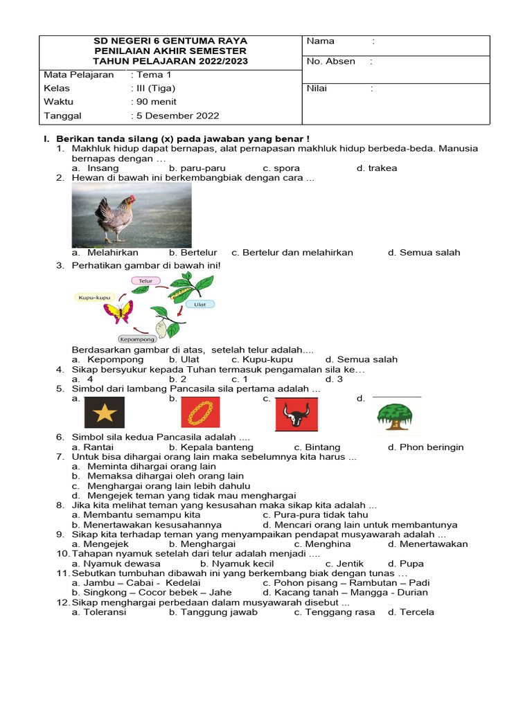 Soal Pas Kelas 3 Tema 1 | PDF | Sains & Matematika