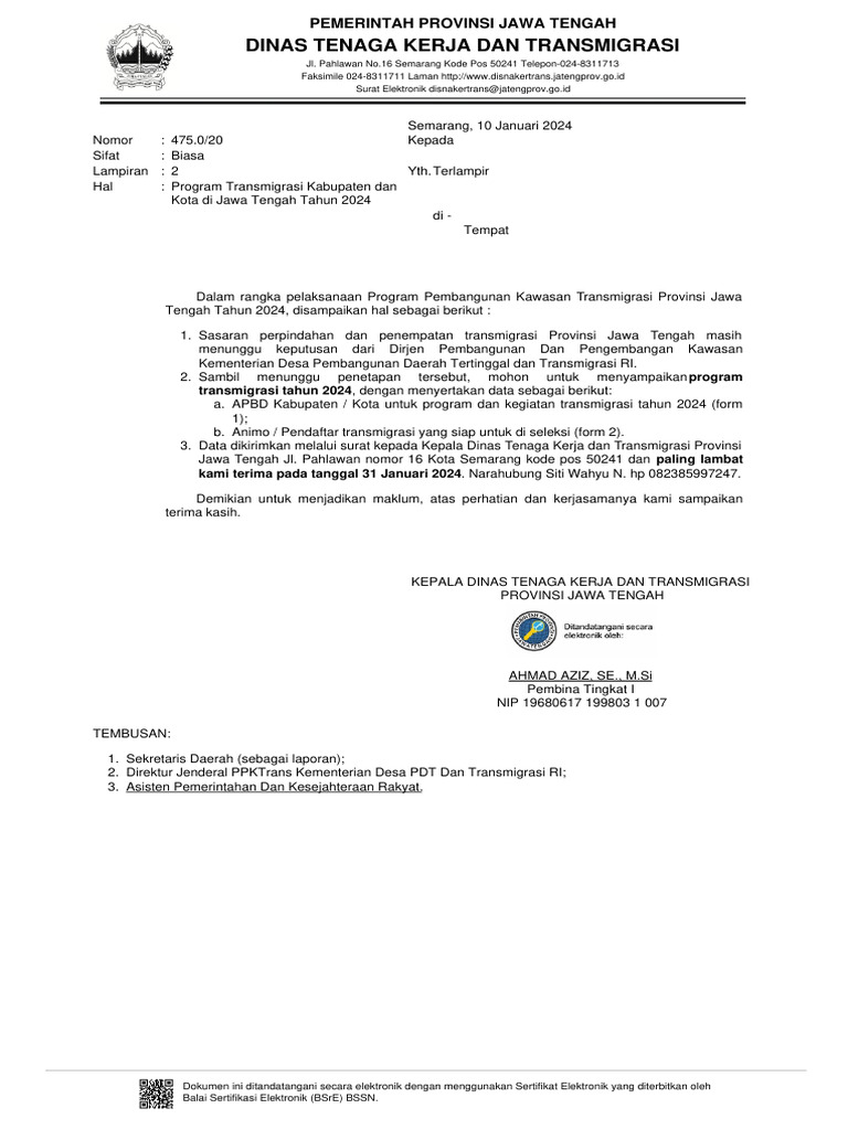 Surat Program Transmigrasi Tahun 2024 | PDF