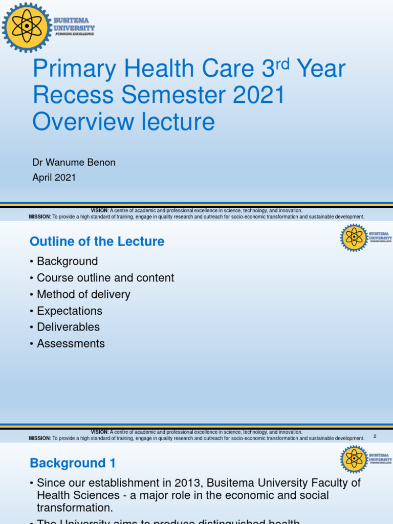 Overview Lecture Primary Health Care 3rd Year Recess Semester 2017 ...