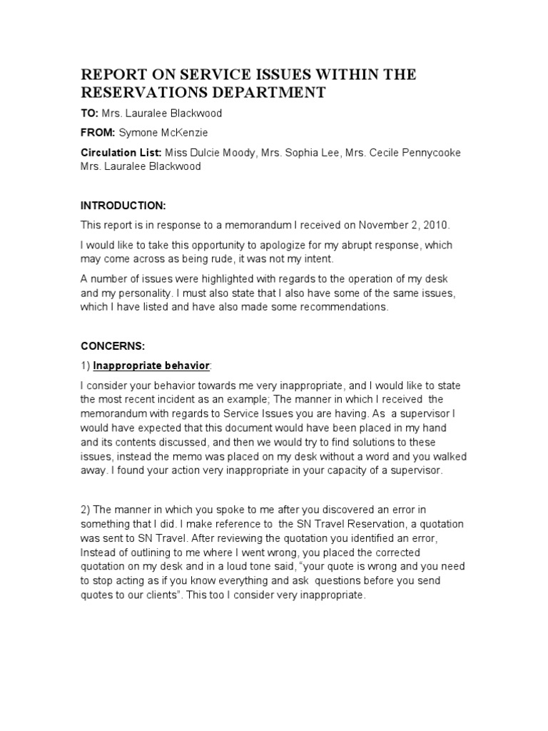 Report On Service Issues Within The Reservations Department | PDF ...