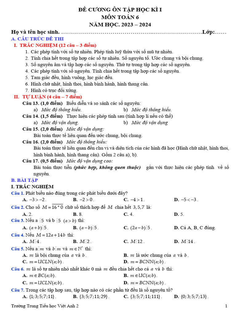 De Cuong Hoc Ki 1 Toan 6 Nam 2023 2024 Truong Viet Anh 2 Binh Duong | PDF