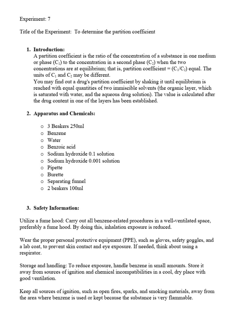 Partition Coefficient Experiment Guide | PDF | Concentration | Materials