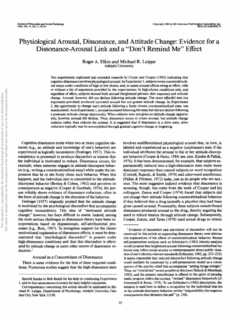 Physiological Arousal, Dissonance, and Attitude Change: Evidence For A Dissonance-Arousal Link ...